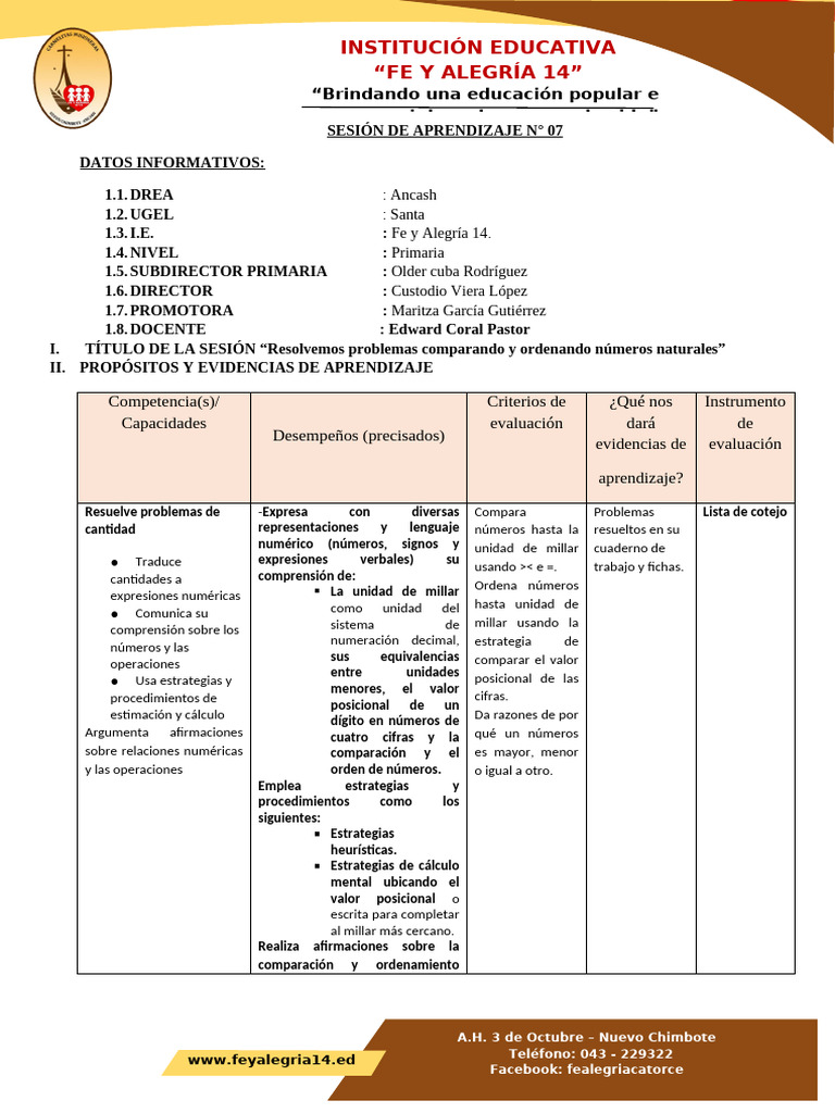 Sesiòn 07 Resolvemos Nùmeros Comparando y Ordenando Nùmeros | PDF ...