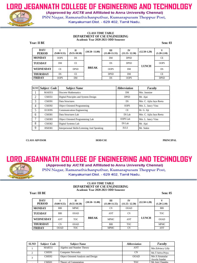 2020-2021time Table ODD | PDF | Engineering | Computer Science