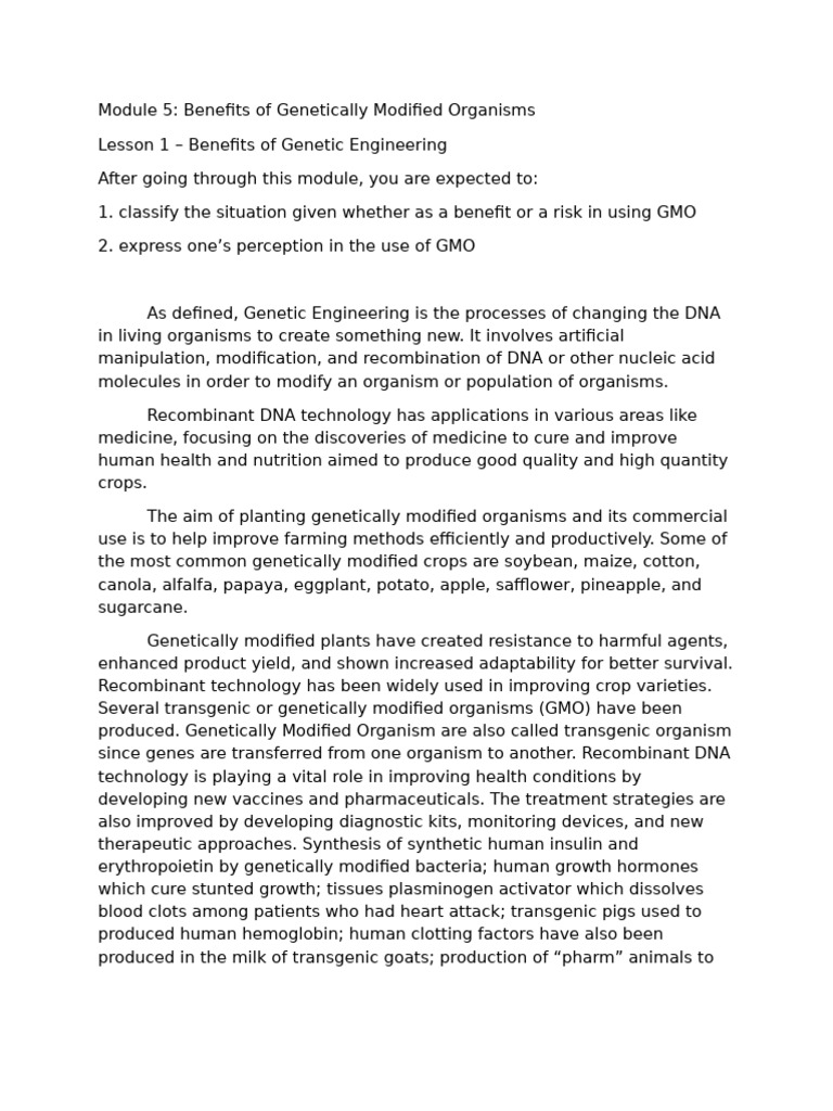 MODULE 5 Benefits of Genetically Modified Organisms | PDF | Genetically ...