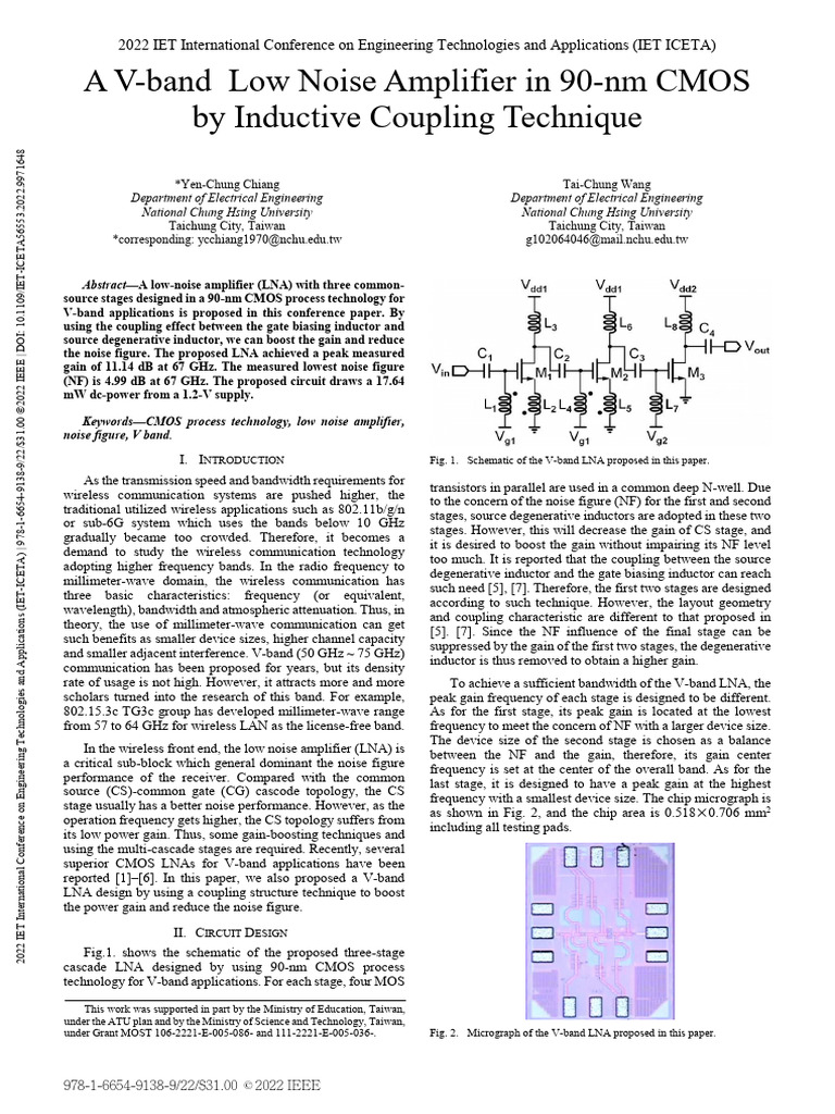 A V-Band Low Noise Amplifier in 90-nm CMOS by Inductive Coupling Technique | PDF | Extremely ...