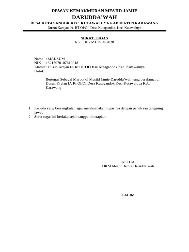 Surat Tugas DKM Marebot | PDF