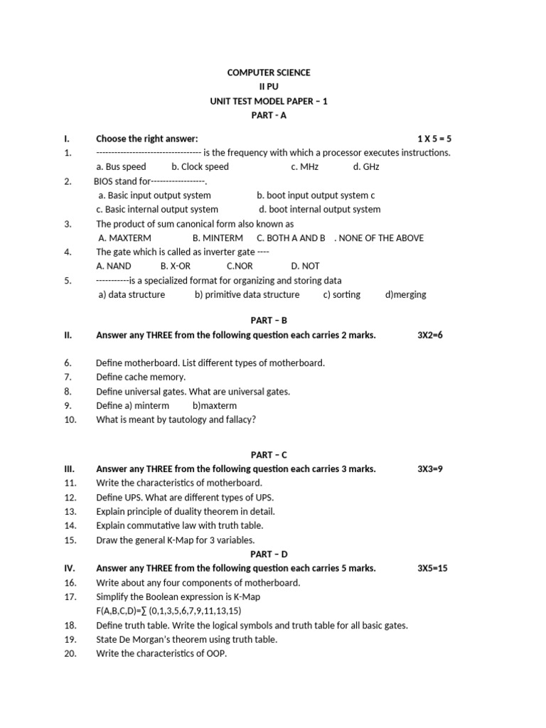 Computer Science II PU Unit Test Model Paper | PDF
