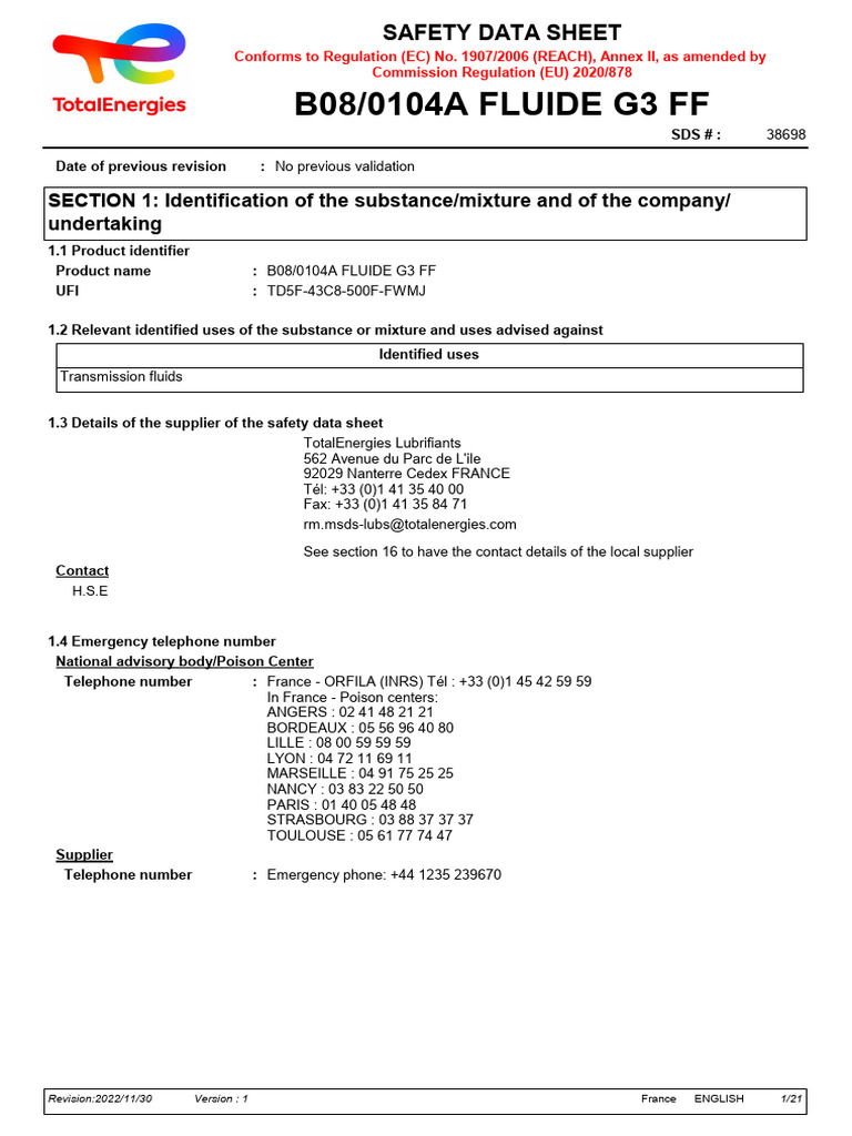B08 0104A FLUIDE G3 FF - 38698 - France - English - 20221130 | PDF | Chemistry | Chemical Substances