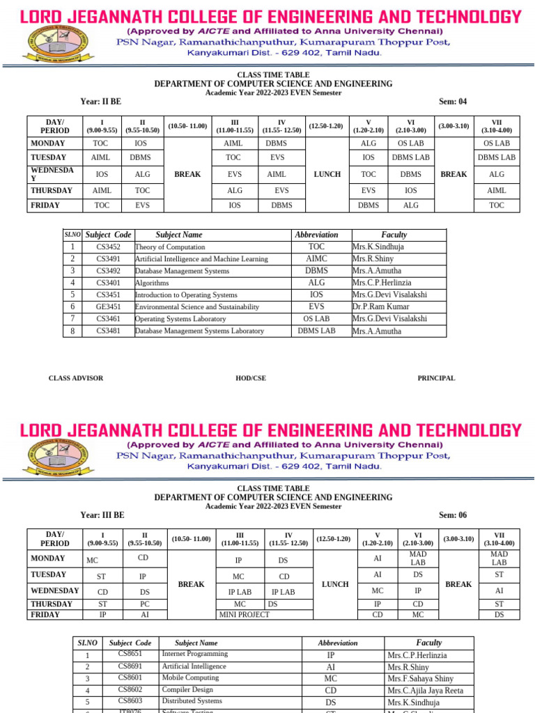 2022-2023 Time Table EVEN | PDF | Human–Computer Interaction | Engineering