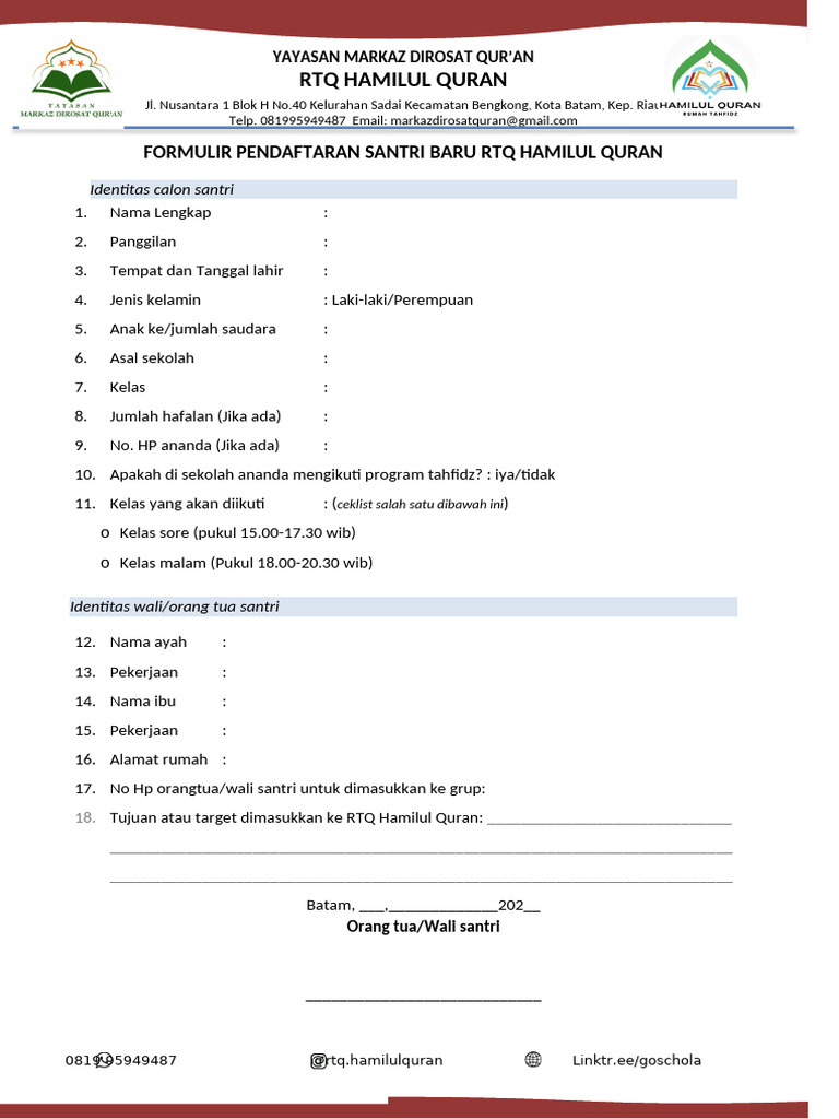 Formulir Pendaftaran RTQ | PDF