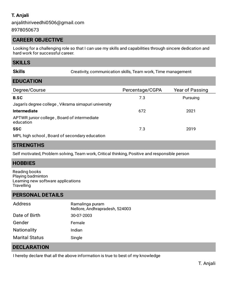 Resume Thiriveedhi Anjali Format2 | PDF