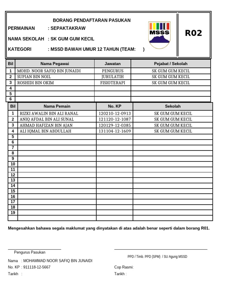 Borang R02 Sepaktakraw | PDF