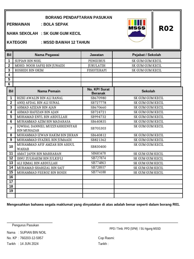 Borang R02 Bola Sepak | PDF