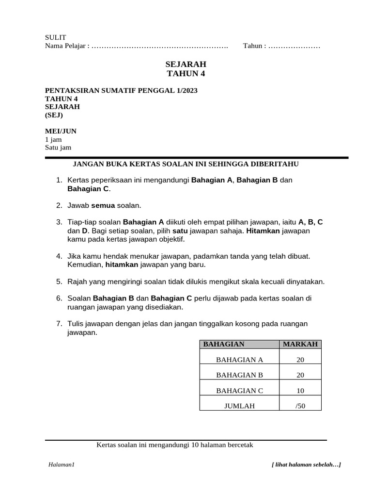 Ps Sej 1 Penggal 1 THN 4 2023 by Cikgu Gorgeous | PDF