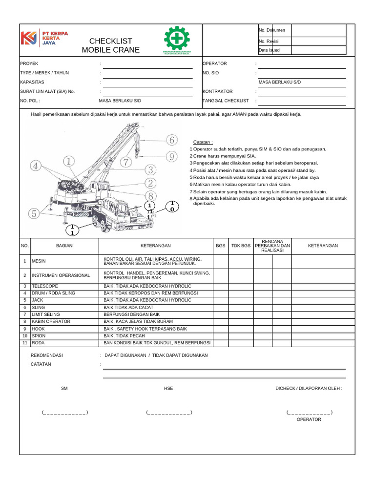 Form Checklist Inspeksi Mobile Crane | PDF