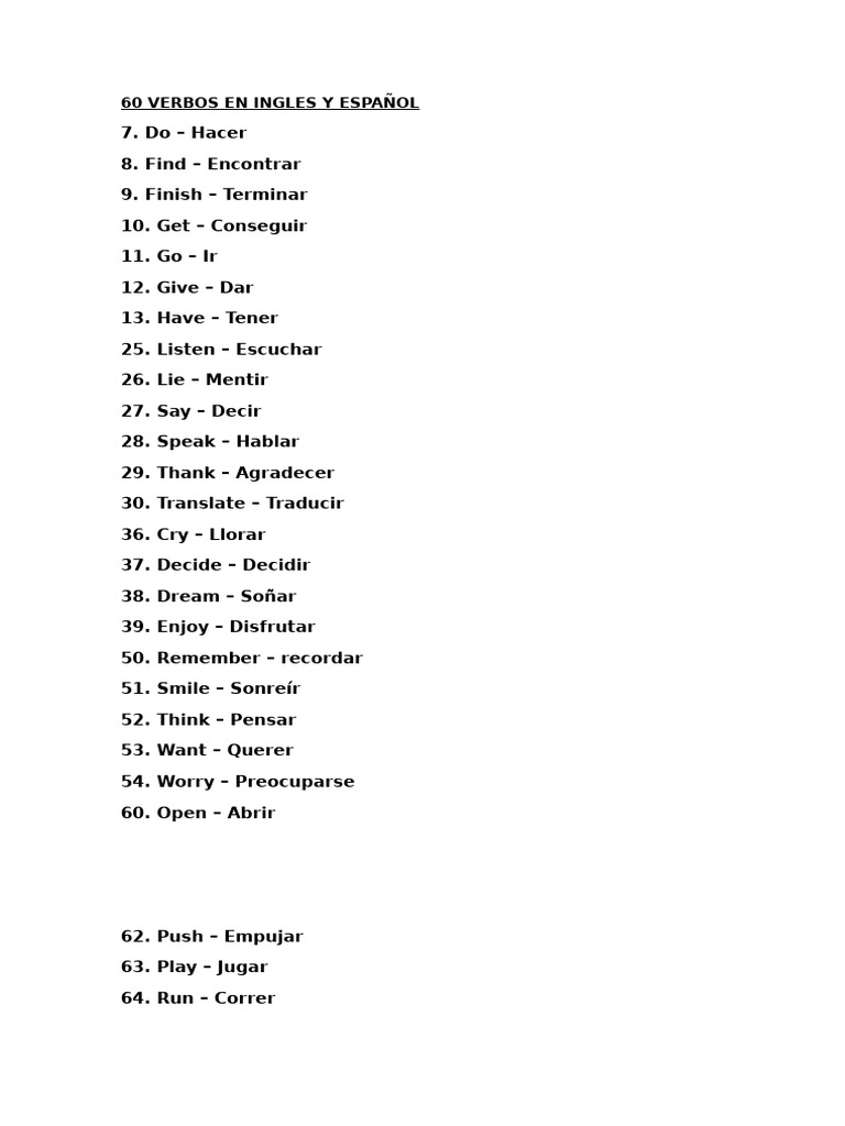 60 Verbos en Ingles y Español | PDF