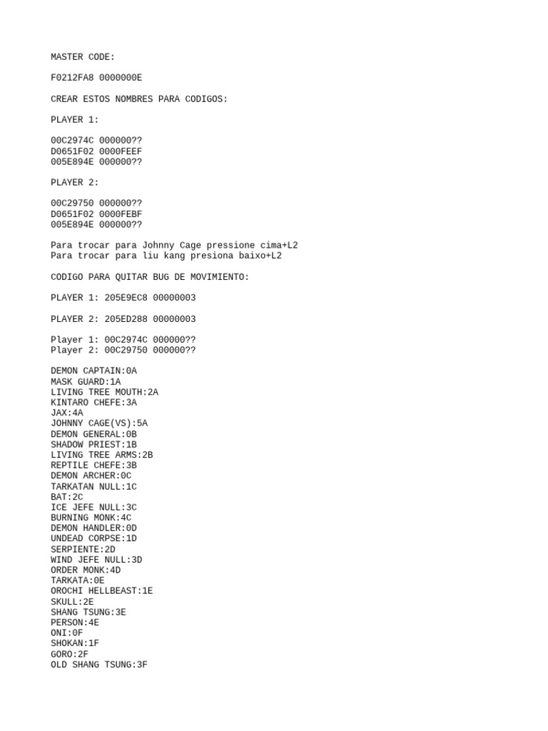 Mortal Kombat Character Codes Guide | PDF