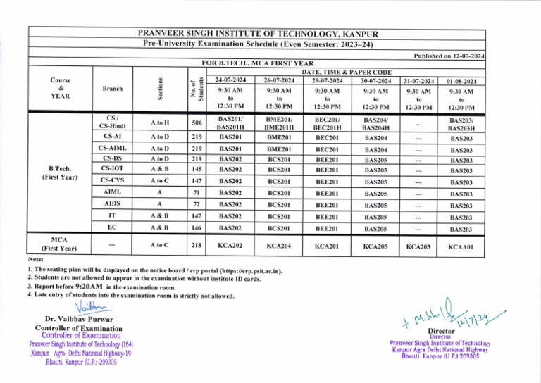 B.Tech-MCA 1st Year PU Schedule Even Sem 2023-24 (2) | PDF