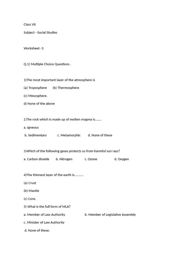 Class VII Worksheet 3 SST | PDF