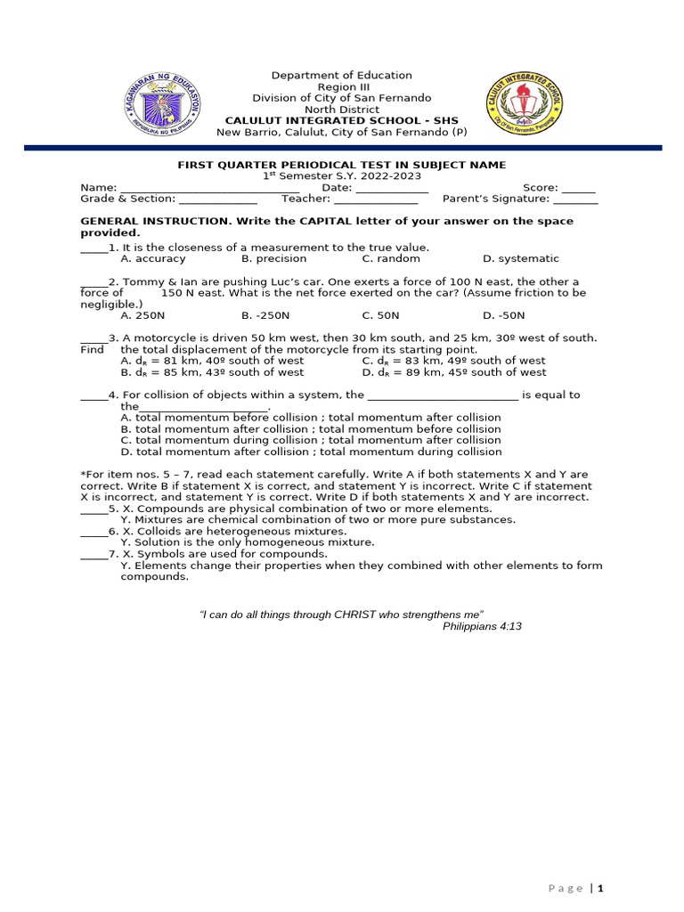 Template Q1 PT SUBJECT 2022-2023 | PDF | Force | Momentum