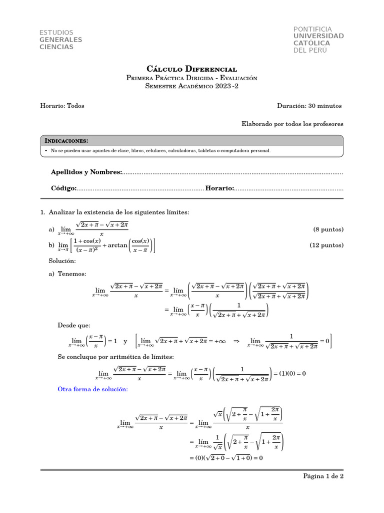 PD1-2023-2-Evaluacion-solucionario Sol | PDF | Matemáticas | Análisis matemático