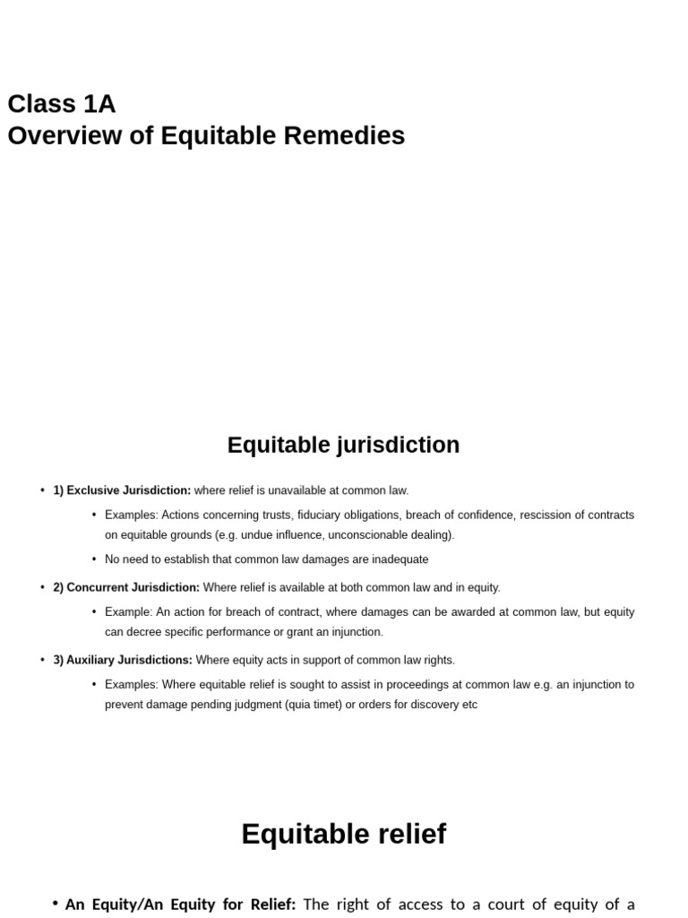 Class 1A - Overview of Equitable Remedies | PDF | Legal Remedy | Equity ...