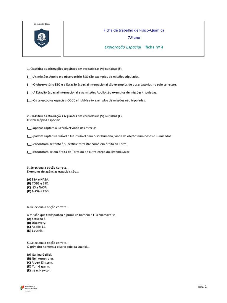 7ºano - ficha 4 | PDF | Nasa | Programa Apollo