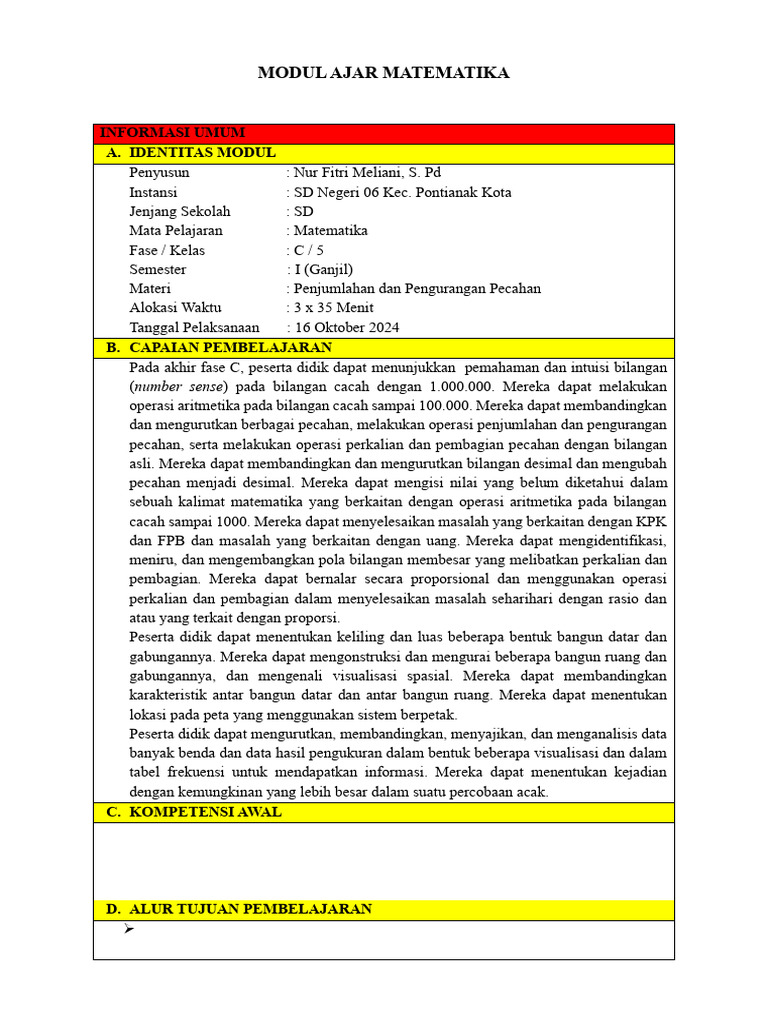 Modul Ajar MTK Kelas V Terbimbing 1 | PDF