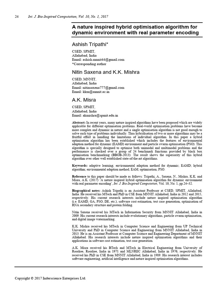 A Nature Inspired Hybrid Optimisation Algorithm For Dynamic Environment With Real Parameter ...