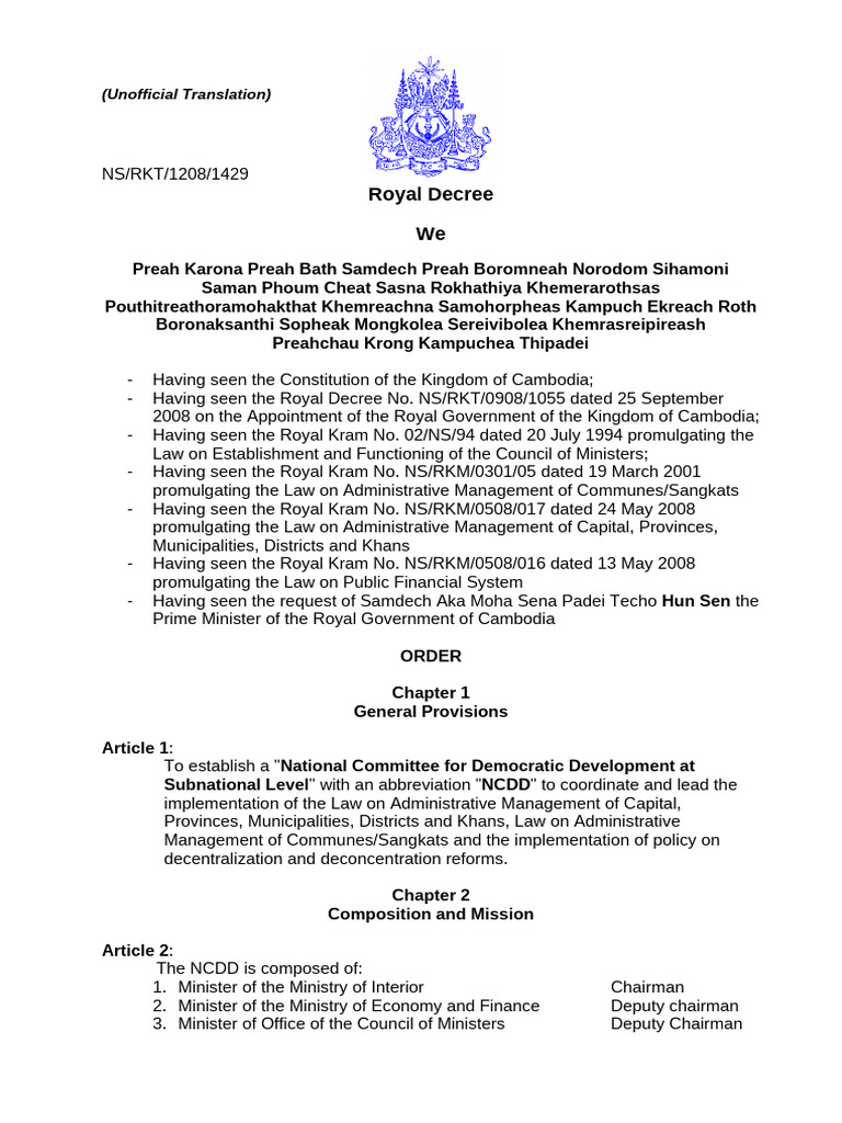 The Royal Decree NewNCDD Final-EnG | PDF | Secretary Of State | Cambodia