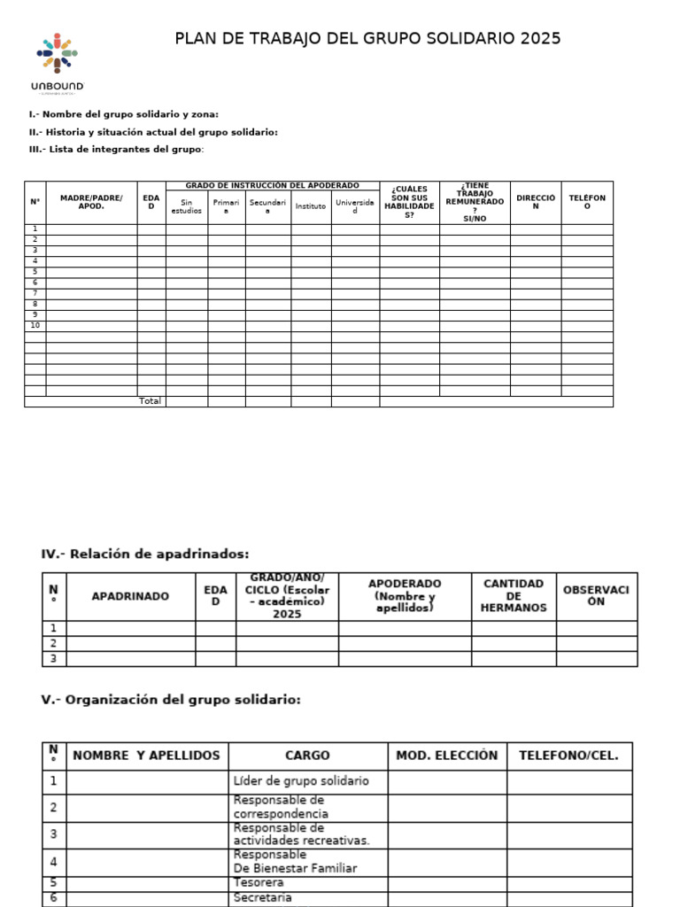 PLAN DE TRABAJO DEL GRUPO SOLIDARIO 2025 | PDF