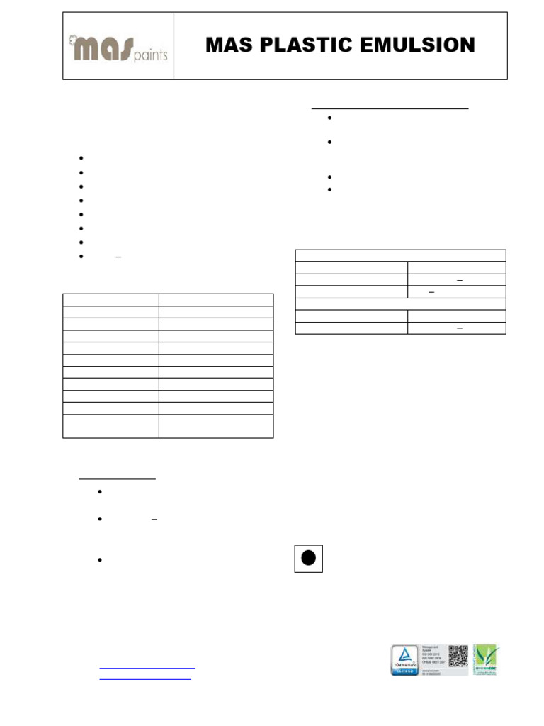 Mas Plastic Emulsion Datasheet | PDF | Paint | Materials