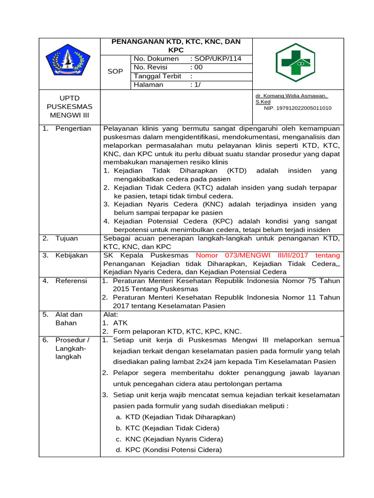 SOP PENANGANAN KTD, KTC, KNC, Dan KPC Baru (Repaired) | PDF