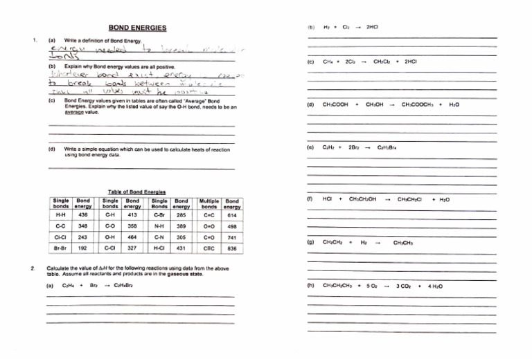 Bond Energies Worksheet | PDF | Unit Processes | Physical Chemistry