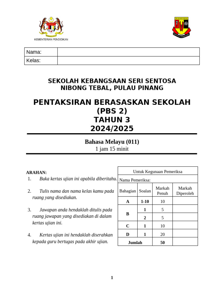 Muka Depan Exam Tahap 1 | PDF