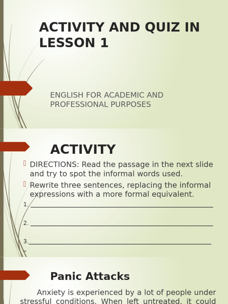 ACTIVITY AND QUIZ IN LESSON 1 - Eapp | PDF | Panic Attack | Verb