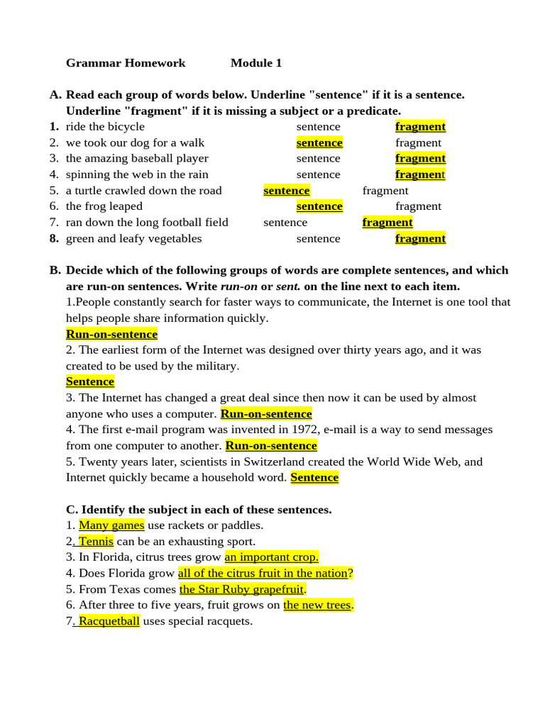 Grammar Homework Module 1 1-3 Gr. 6 | PDF