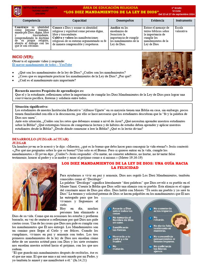 Act.3. Unidad 6. LOS DIEZ MANDAMIENTOS DE LA LEY DE DIOS. 1° Grado ...