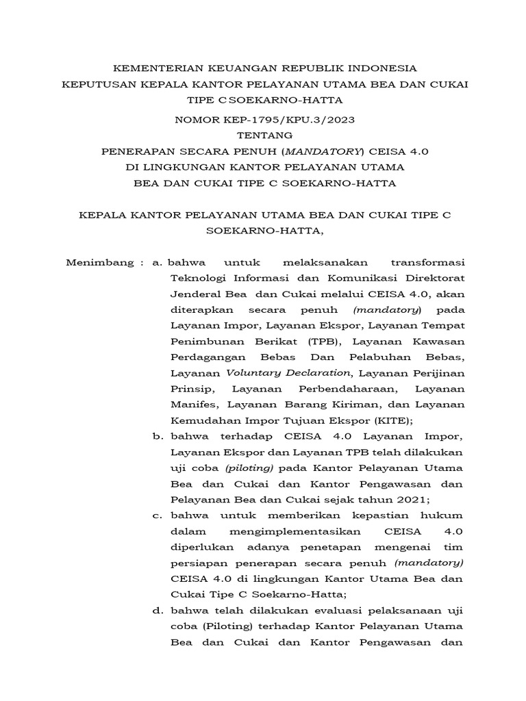Keputusan Mandatory Ceisa 4.0 Untuk Perusahaan MITA AEO | PDF