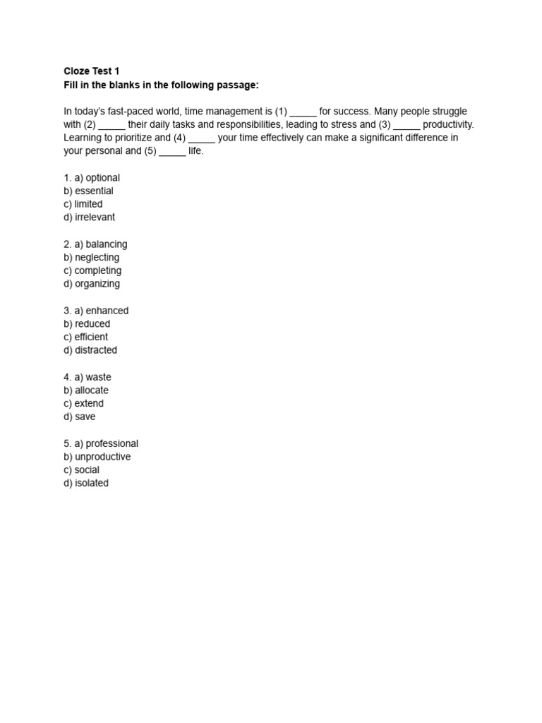 Cloze Tests and Language Exercises | PDF