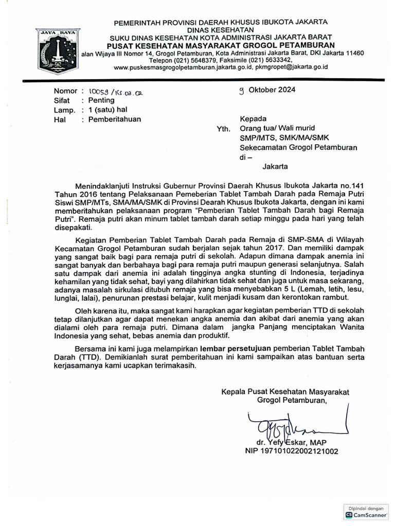 Surat Pemberitahuan Minum TTD Rematri | PDF