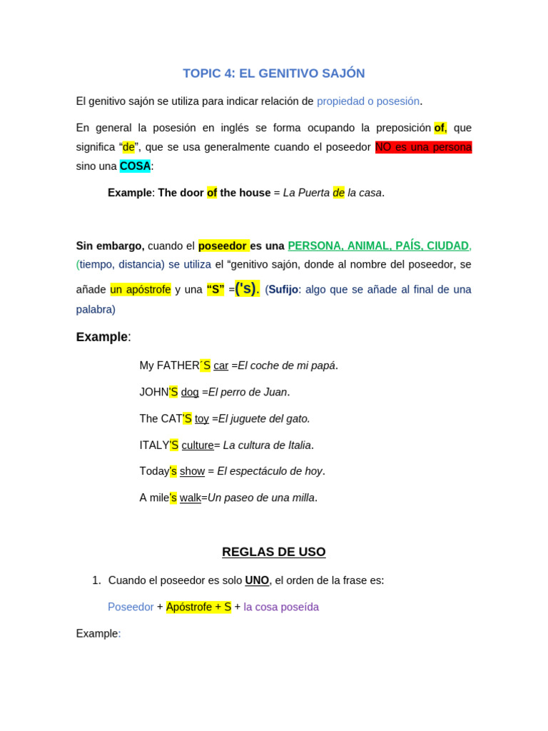 Topic 4 Genitivo Sajón | PDF | Plural | Morfología