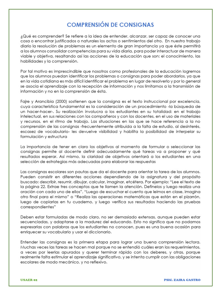 CONSIGNAS PRIMARIA | PDF | Aprendizaje | Comprensión lectora