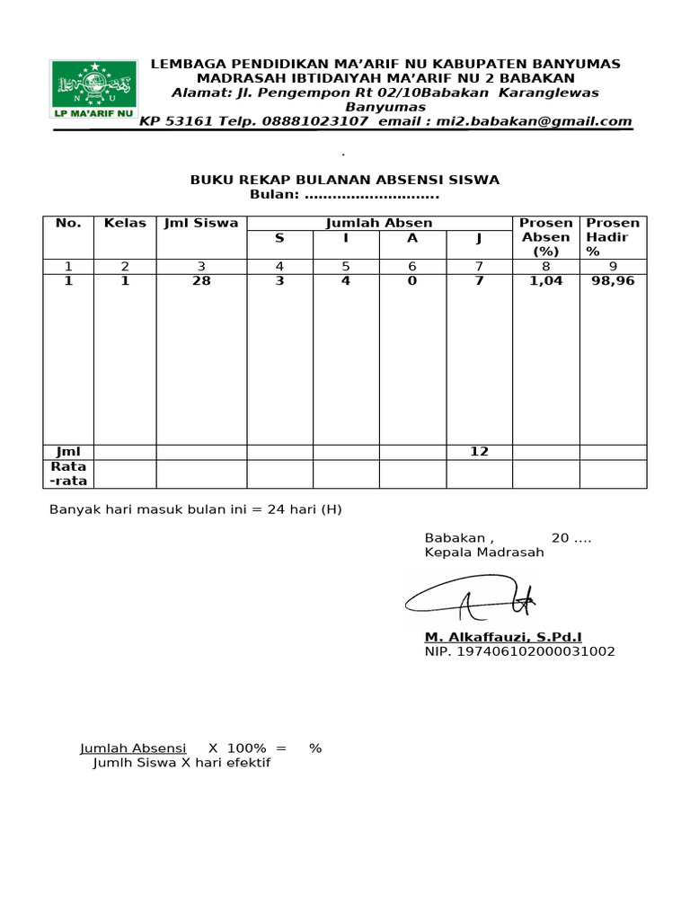S-11 Buku Rekap Absensi Bulanan Siswa | PDF