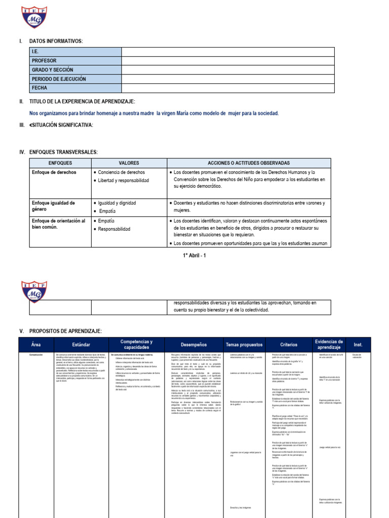 1° Grado - Unidad de Aprendizaje N°02 | PDF
