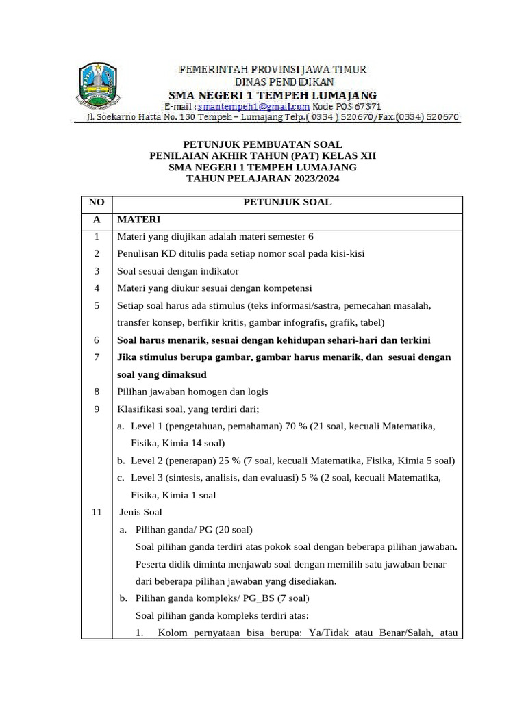 Petunjuk Pembuatan Soal Pat Kelas Xii 2023-2024 | PDF