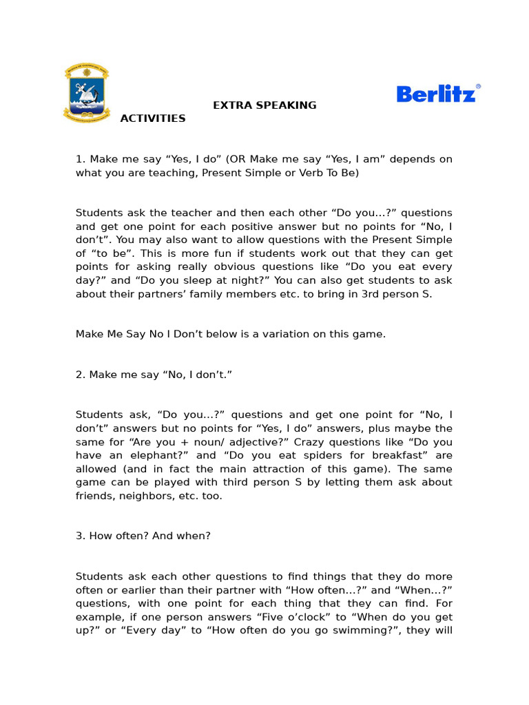 EXTRA SPEAKING ACTIVITIES | PDF | Question | Linguistic Morphology