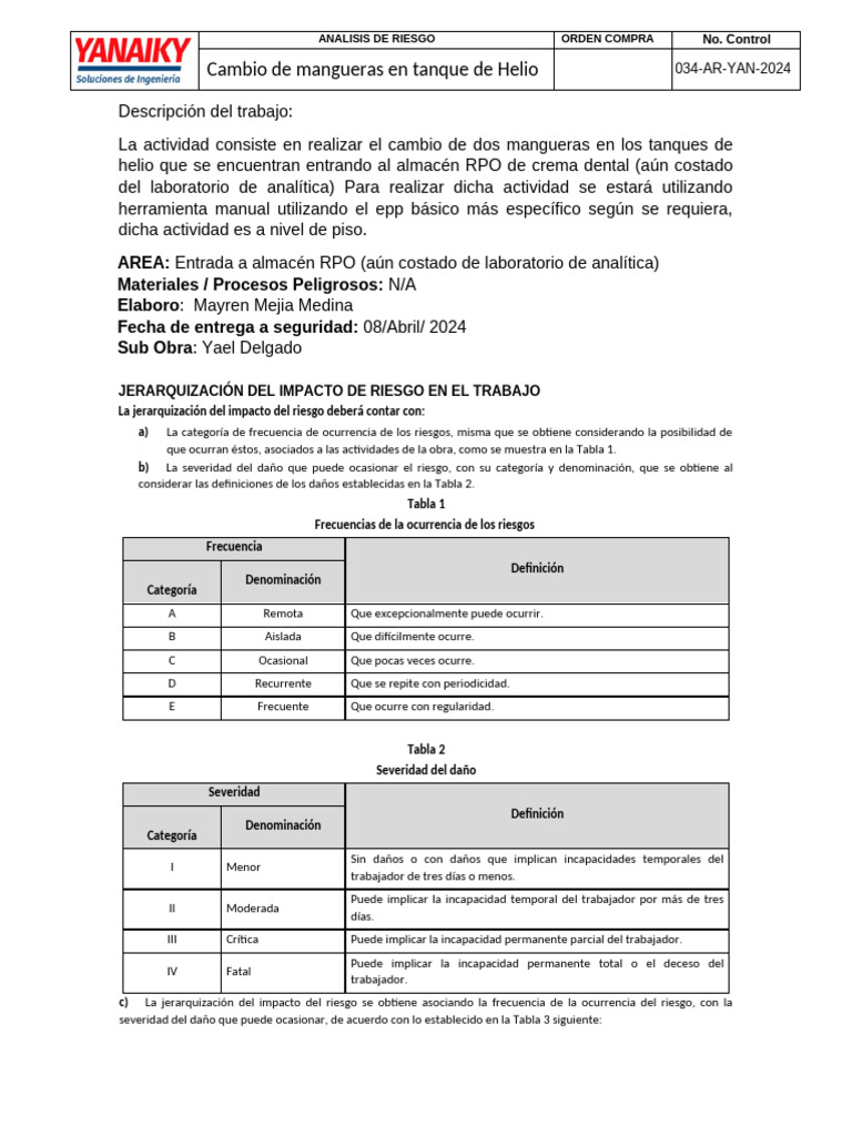 034-AR-YAN-2024 Cambio de Mangueras en Tanques de Helio | PDF | Riesgo | Tanques