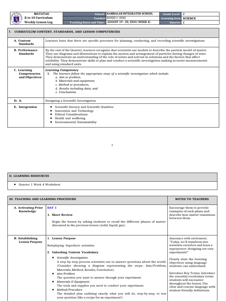 Grade 7 Science Weekly Lesson Plan | PDF | Experiment | Scientific Method