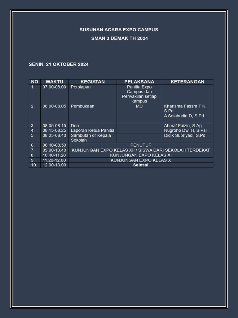 Susunan Acara Expo Campus SMAN 3 Demak 2024 | PDF
