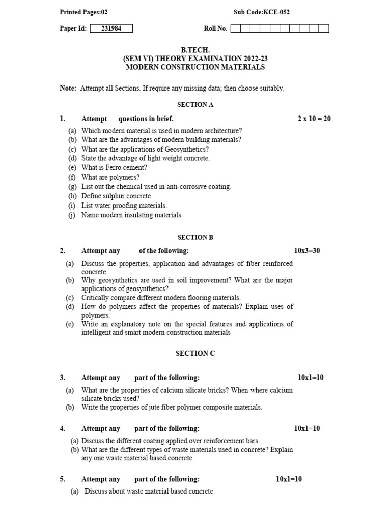 Btech Ce 6 Sem Modern Construction Materials Kce052 2023 | PDF ... Btech Ce 6 Sem Modern Construction Materials Kce052 2023 | PDF ...