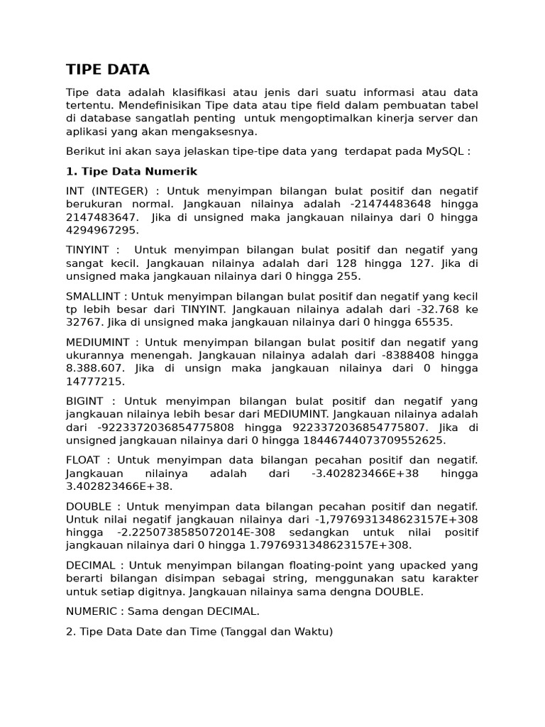 Tipe Data dalam MySQL dan Fungsinya | PDF