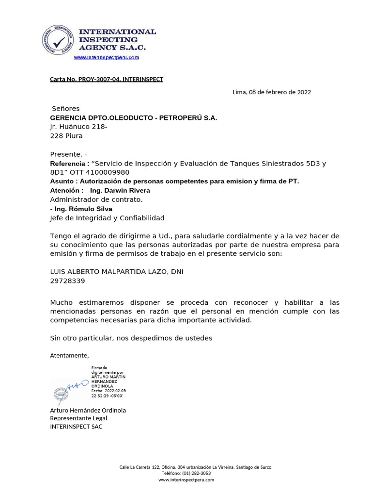 Carta 009-2022 Iia Firma de Permiso de Trabajo | PDF