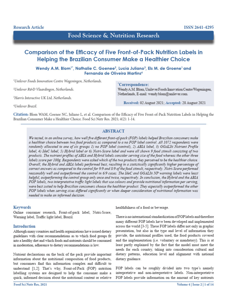 Comparison of The Efficacy of Five Front-of-Pack Nutrition Labels in ...