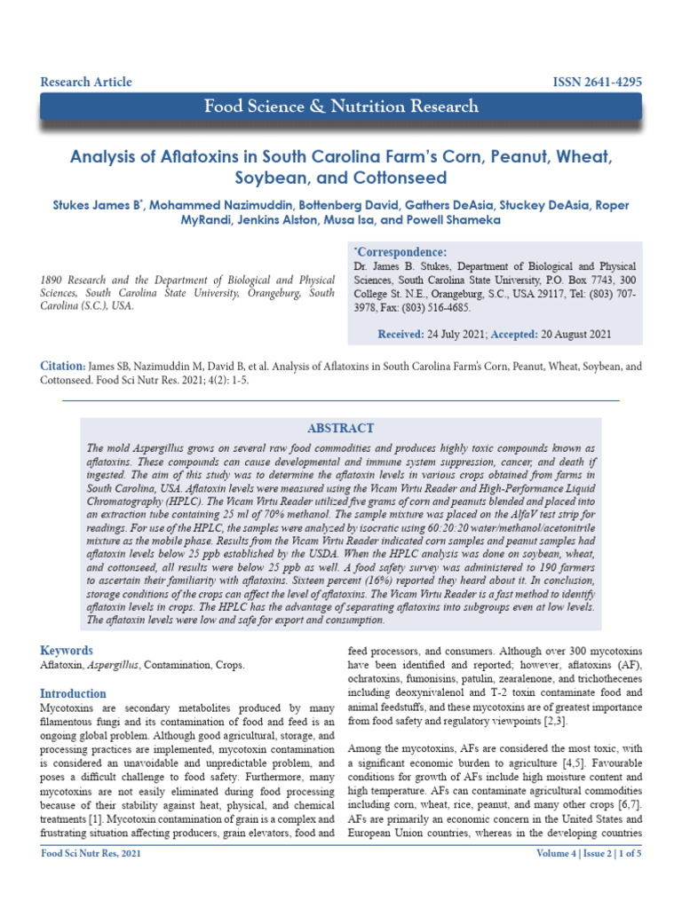 Analysis of Aflatoxins in South Carolina Farm's Corn, Peanut, Wheat ...